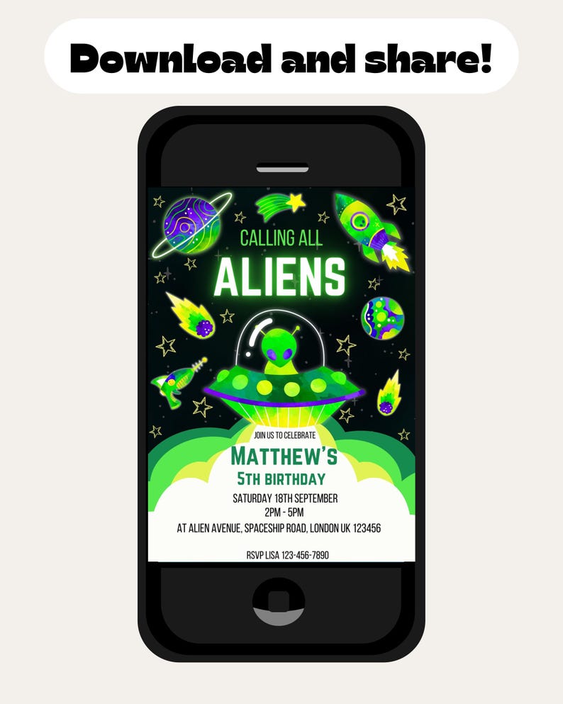 Printable Alien Birthday Invitation Boys Neon Alien Spaceship Editable ...
