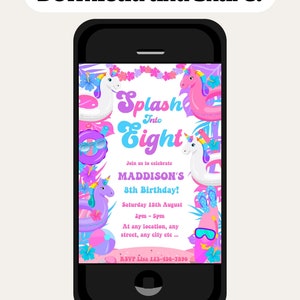 Printable Unicorn Splash Into Eight Pool Party Bash Girls 8th Birthday ...