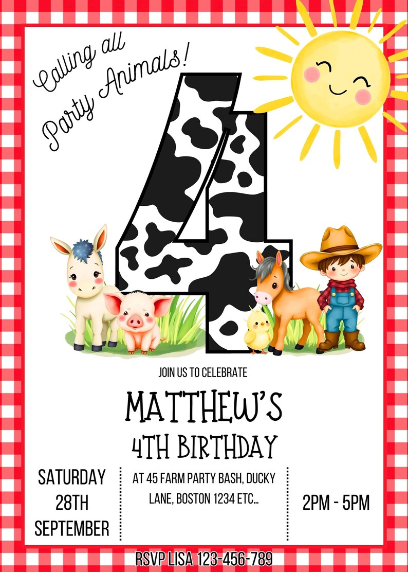 Printable Farm 4th Birthday Party Invitation Party Animals Editable ...