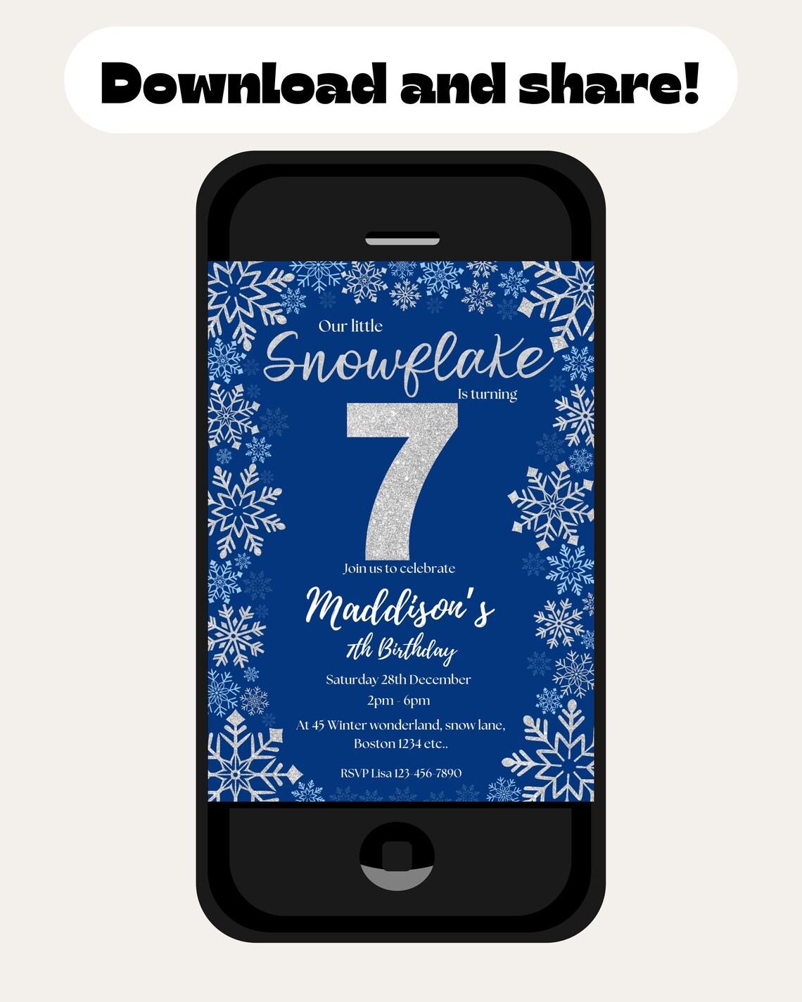 Printable Snowflake 7th Birthday Invitation Winter Wonderland Glitter ...