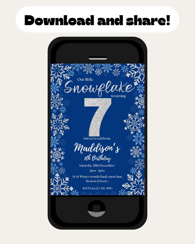 Printable Snowflake 7th Birthday Invitation Winter Wonderland Glitter ...