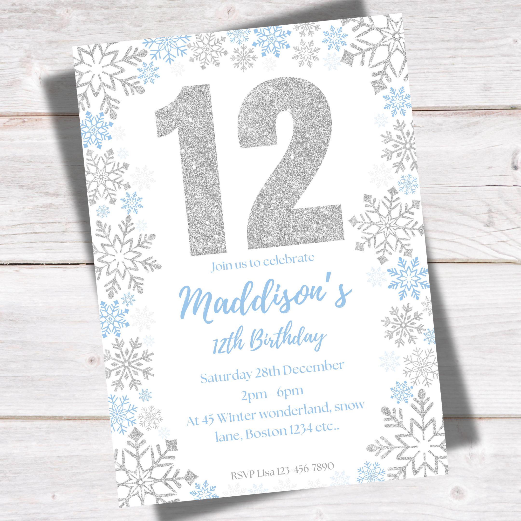 Printable Snowflake 12th Birthday Invitation Winter Wonderland Glitter ...