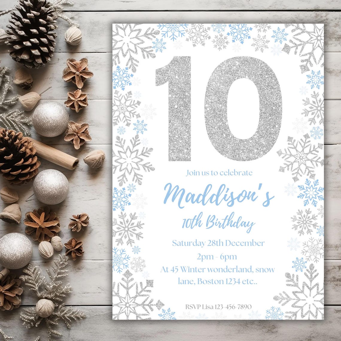 Printable Snowflake 10th Birthday Invitation Winter Wonderland Glitter ...