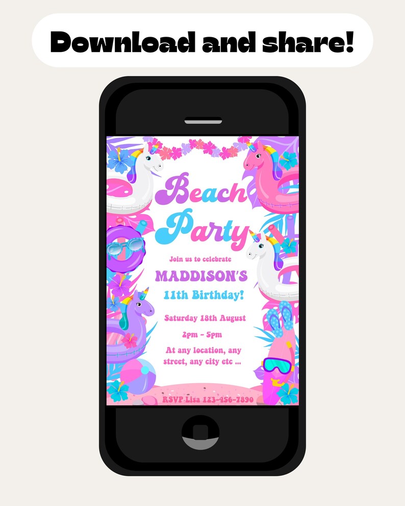 Printable Unicorn Beach Party Invitation Pool Party Invite Girls ...