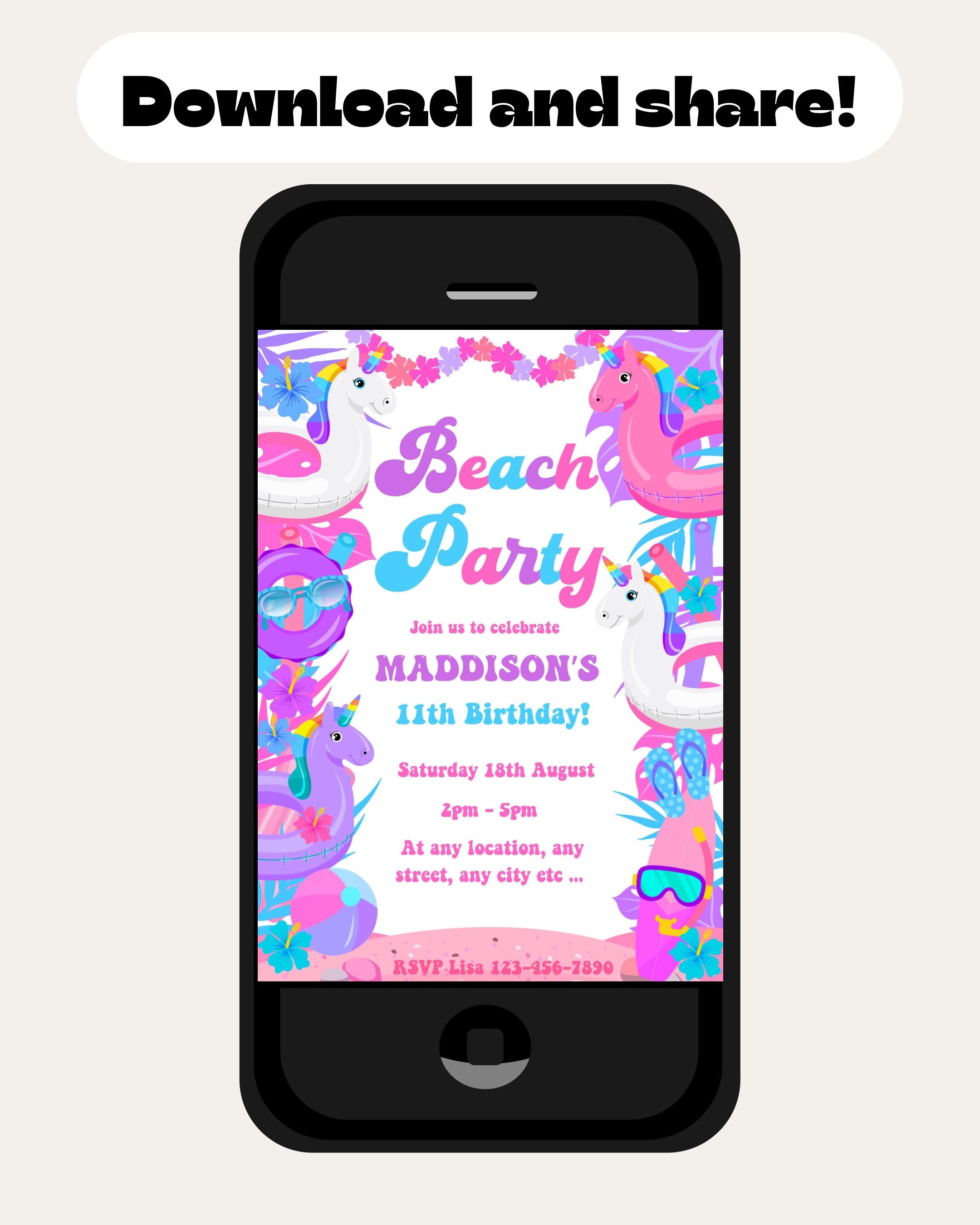 Printable Unicorn Beach Party Invitation Pool Party Invite Girls ...