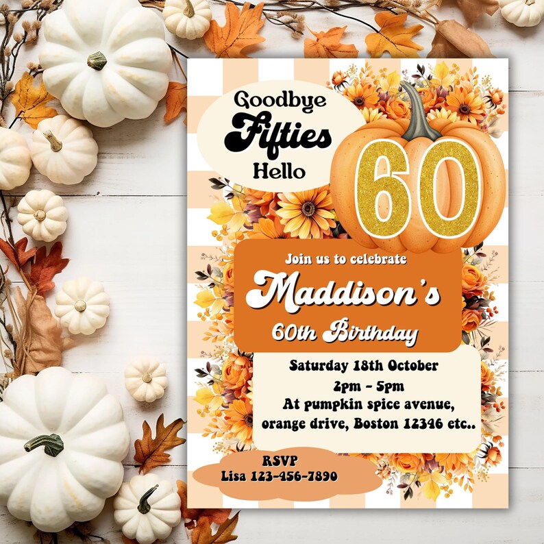 Printable Pumpkin 60th Birthday Invitation Woman's Retro Fall Turning ...