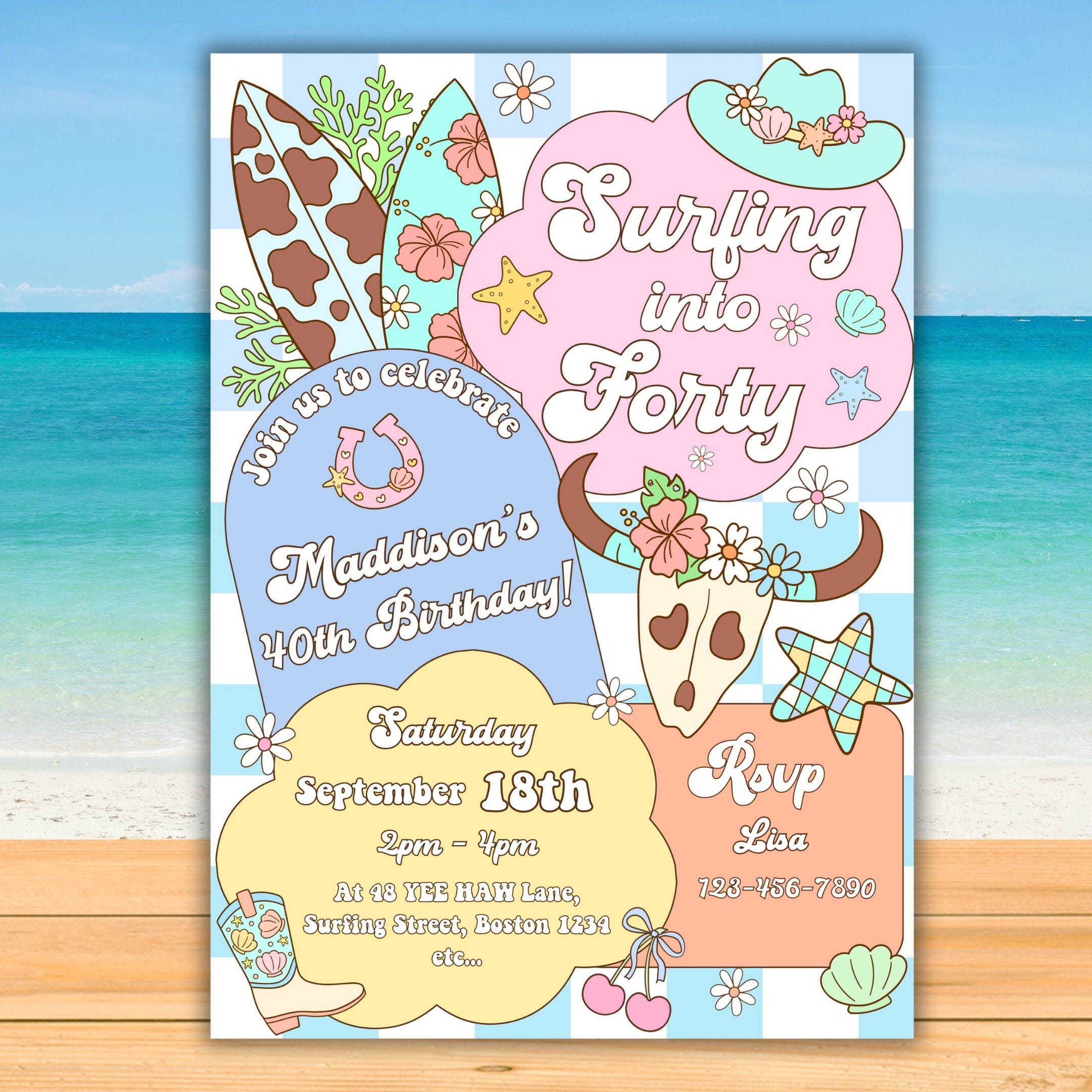 Printable Coastal Cowgirl 40th Birthday Invitation Girls Surf Into ...