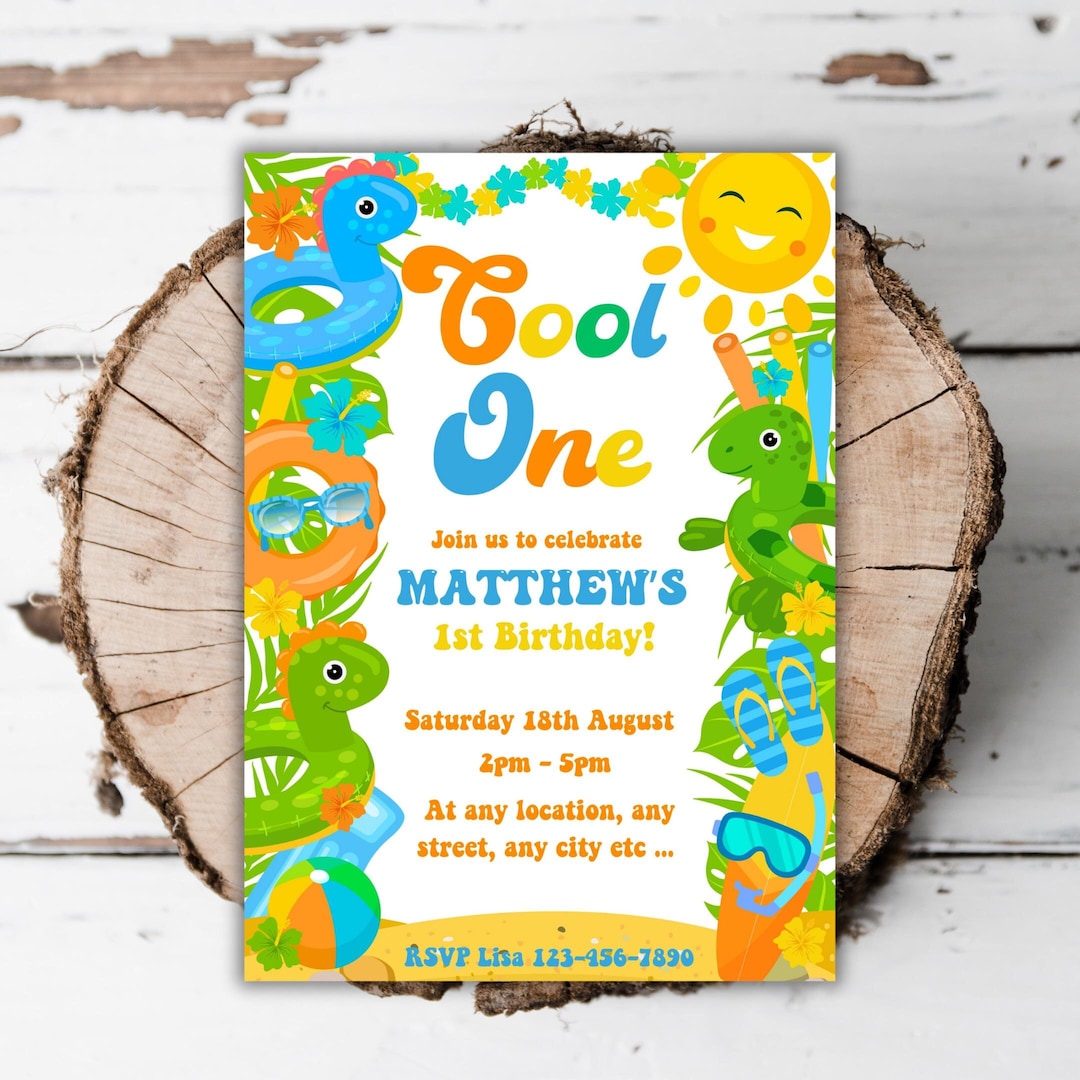 Printable Dinosaur Pool Party Boys 1st Birthday Invitation Dino Summer ...