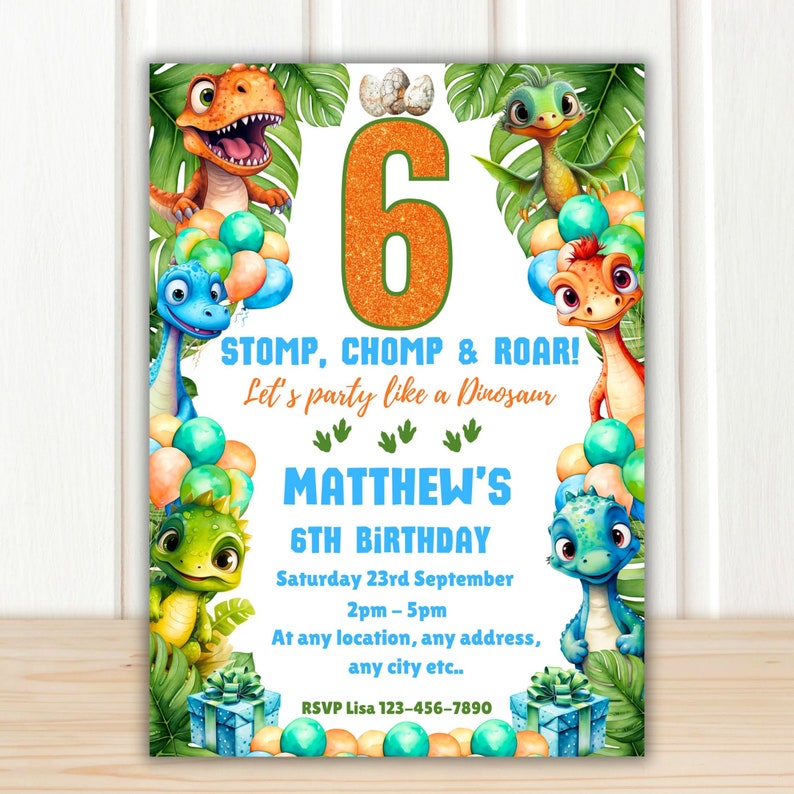 Printable Dinosaur Boys 6th Birthday Invitation Dino Editable Jurassic ...