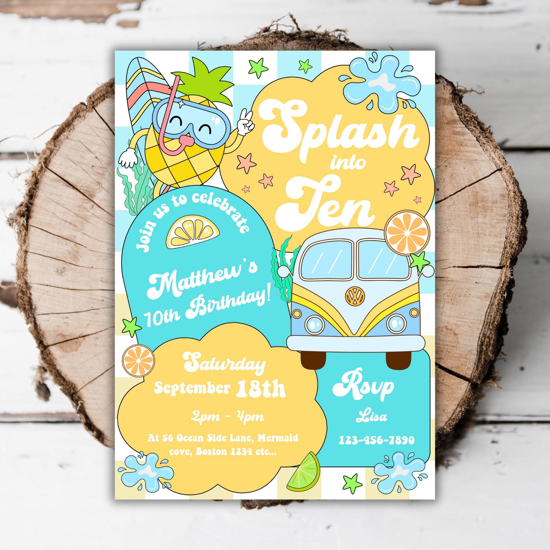 Printable Pool Party 10th Birthday Invitation Waterpark Splash Editable ...