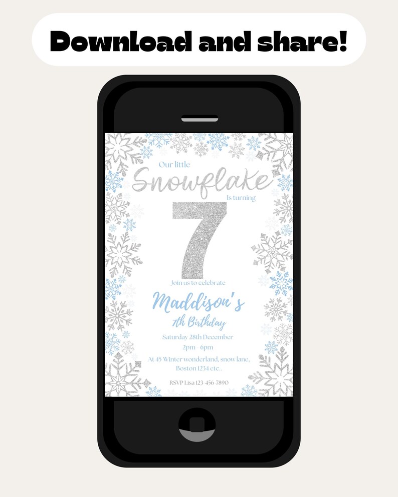 Printable Snowflake 7th Birthday Invitation Winter Wonderland Glitter ...