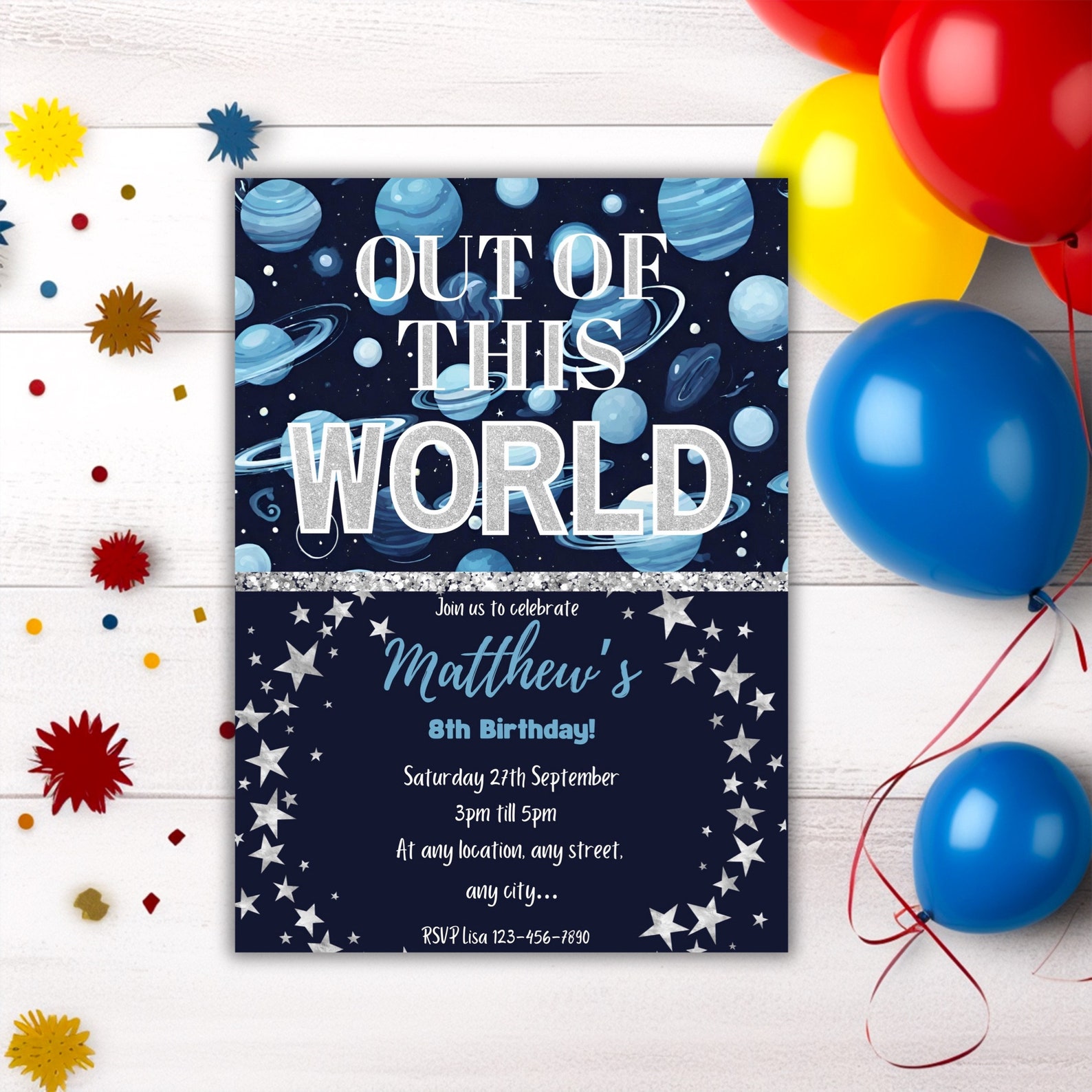 Printable Cosmic Blue Silver Outer Space Boys Birthday Party Invitation ...