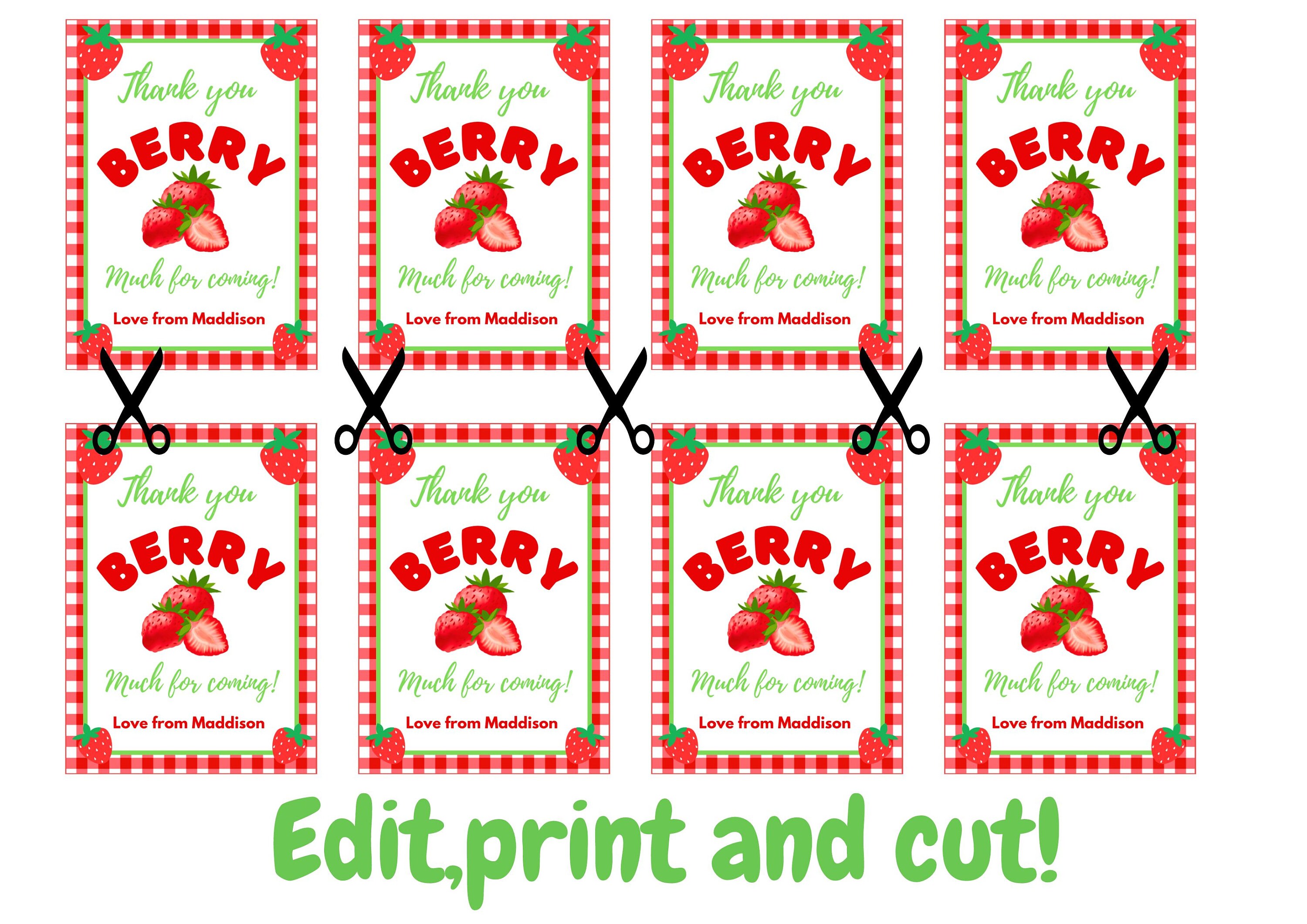 Printable Strawberry Gingham Birthday Party Favor Tags Girls Berry ...