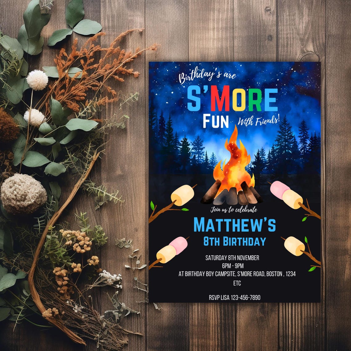 Printable Smore Birthday Invitation Boys Camping Party Editable Bonfire ...