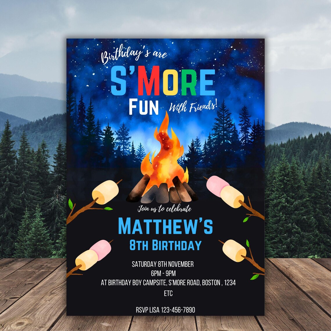 Printable Smore Birthday Invitation Boys Camping Party Editable Bonfire Smore Any Age Backyard ...