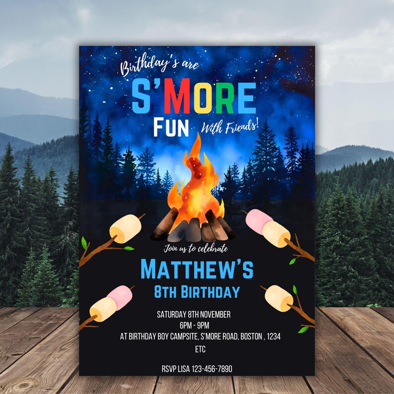 Printable Smore Birthday Invitation Boys Camping Party Editable Bonfire ...