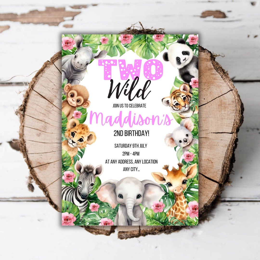 Printable Jungle Two Wild Birthday Party Invitation Template Girls ...
