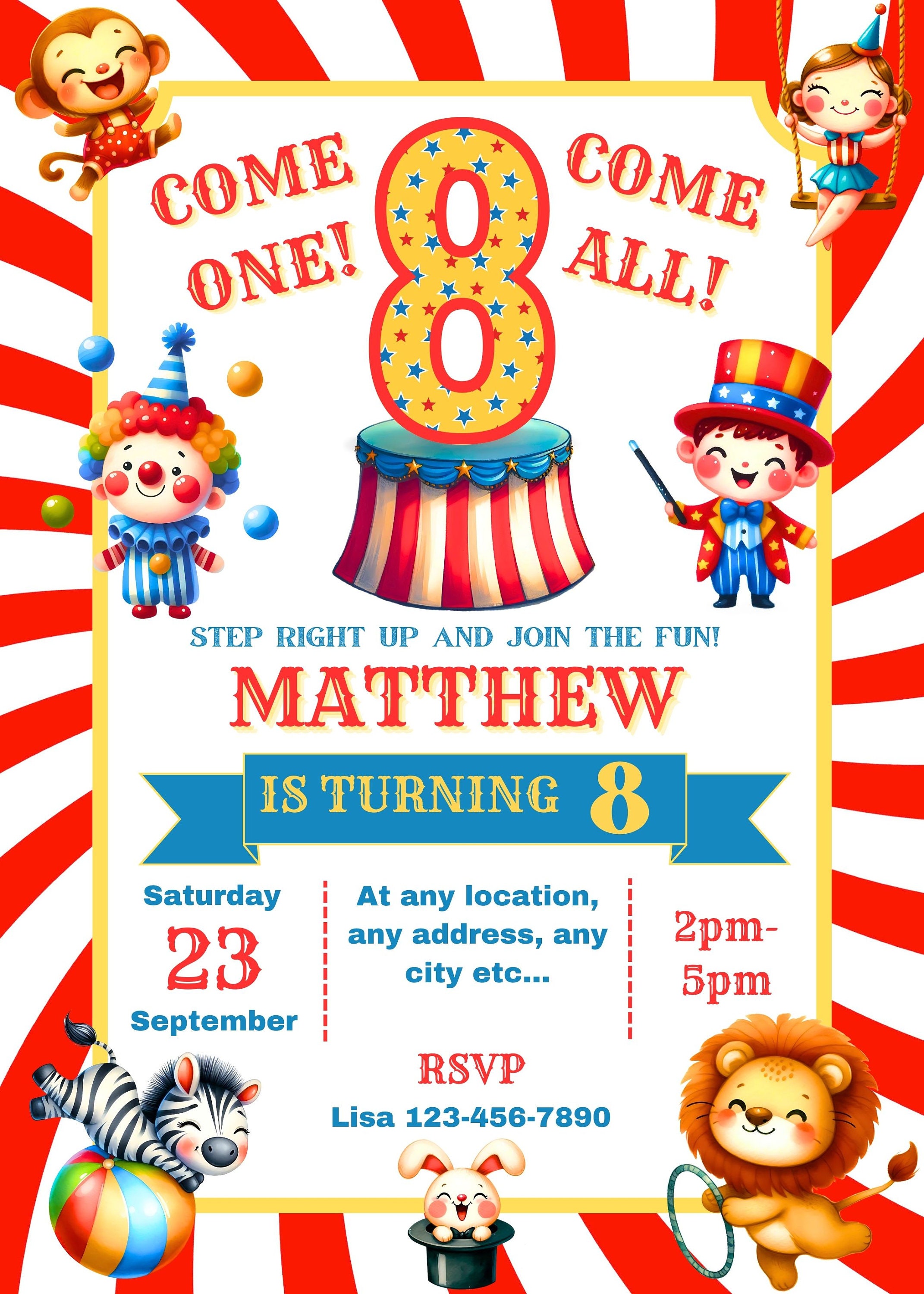 Printable Circus 8th Birthday Invitation Carnival Editable Greatest ...