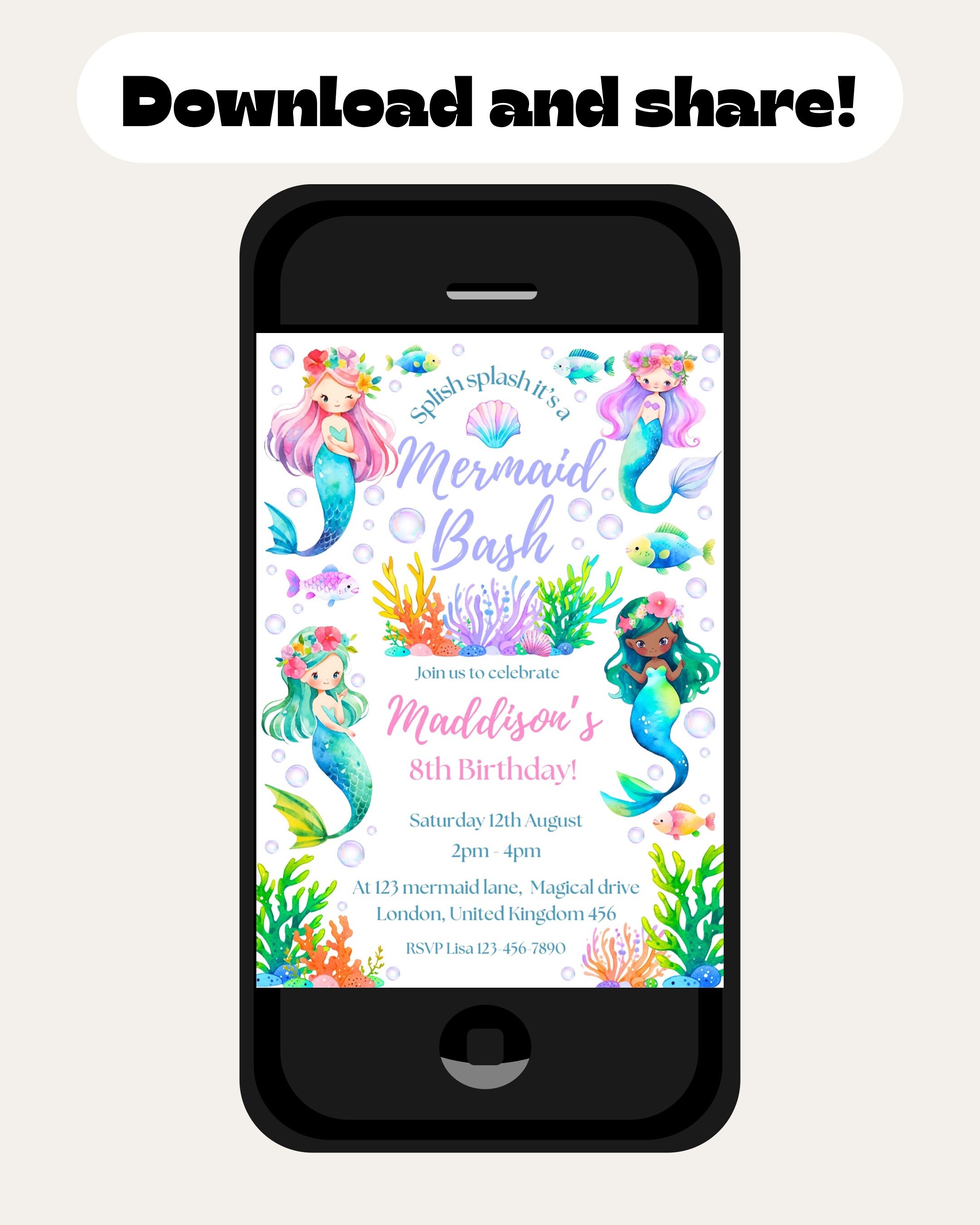 Printable Mermaid Birthday Invitation Girls Tropical Under the Sea ...