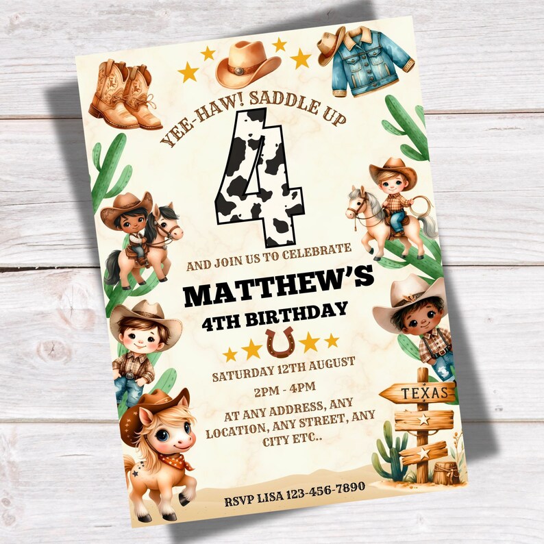 Printable Cowboy 4th Birthday Invitation Boys Wild West Rodeo Editable ...