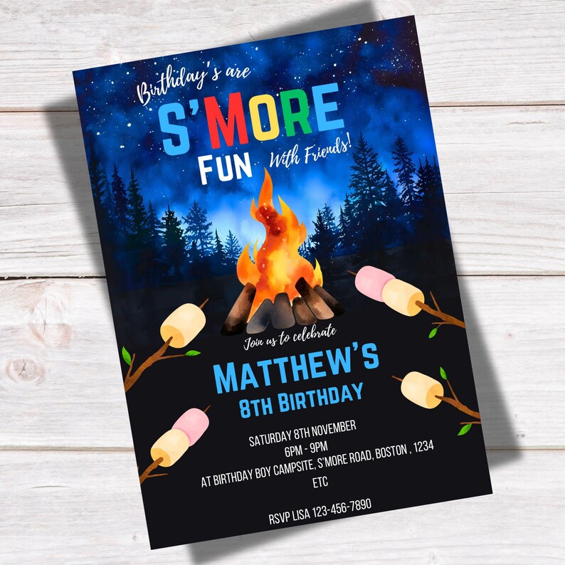 Printable Smore Birthday Invitation Boys Camping Party Editable Bonfire ...