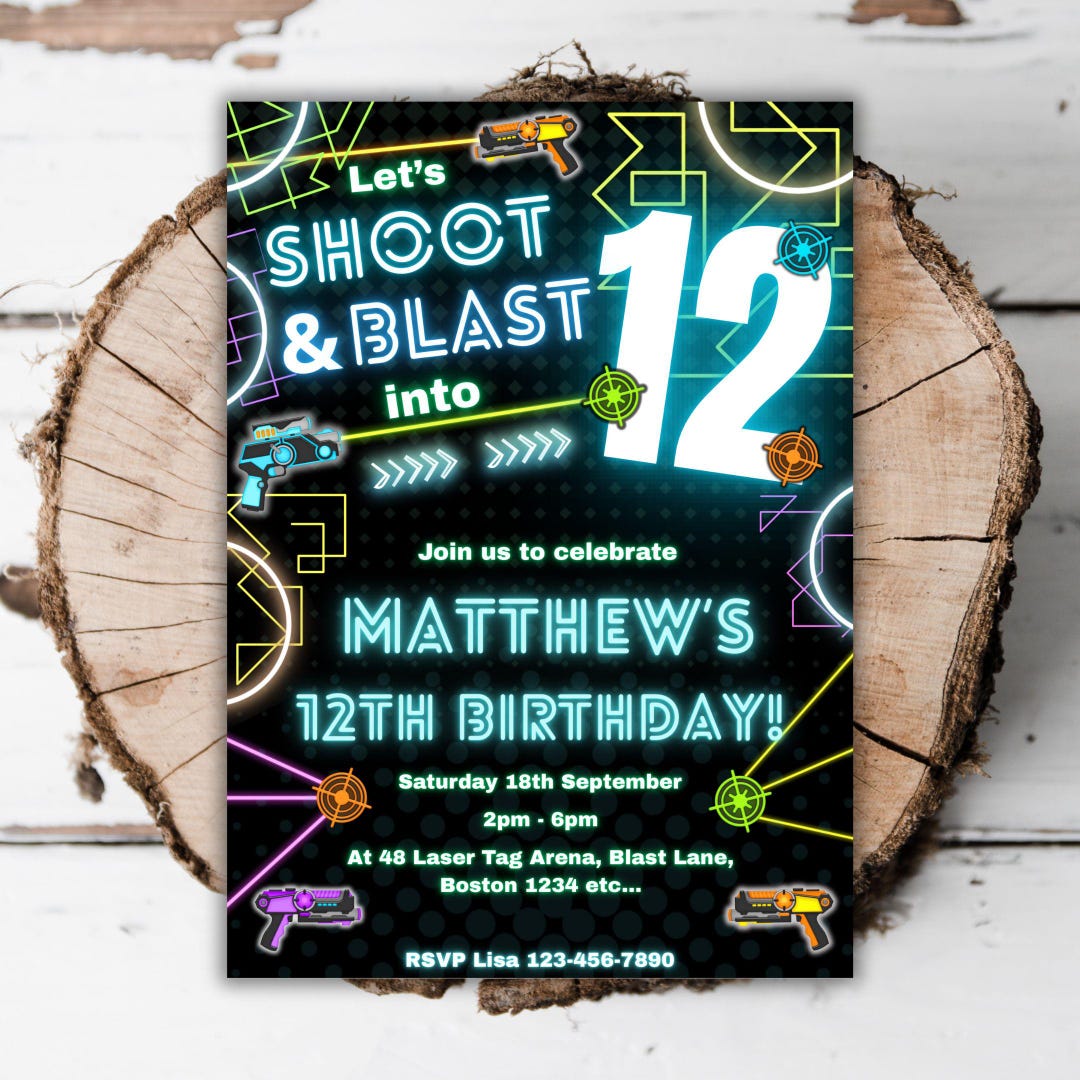 Printable Laser Tag 12th Birthday Invitation Neon Arcade Editable Boys ...