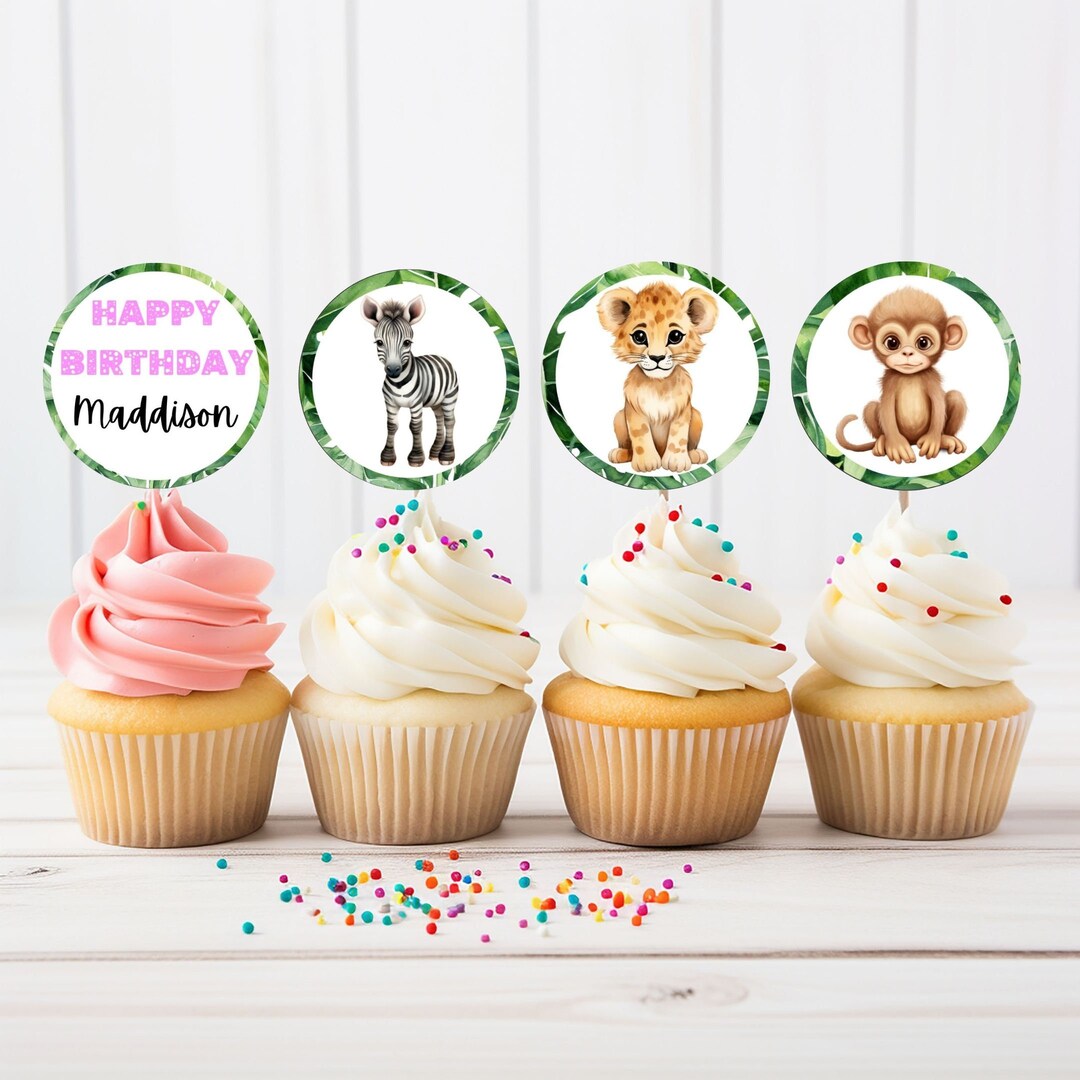 Printable Jungle Safari Pink Cupcake Toppers Personalised Cupcake ...