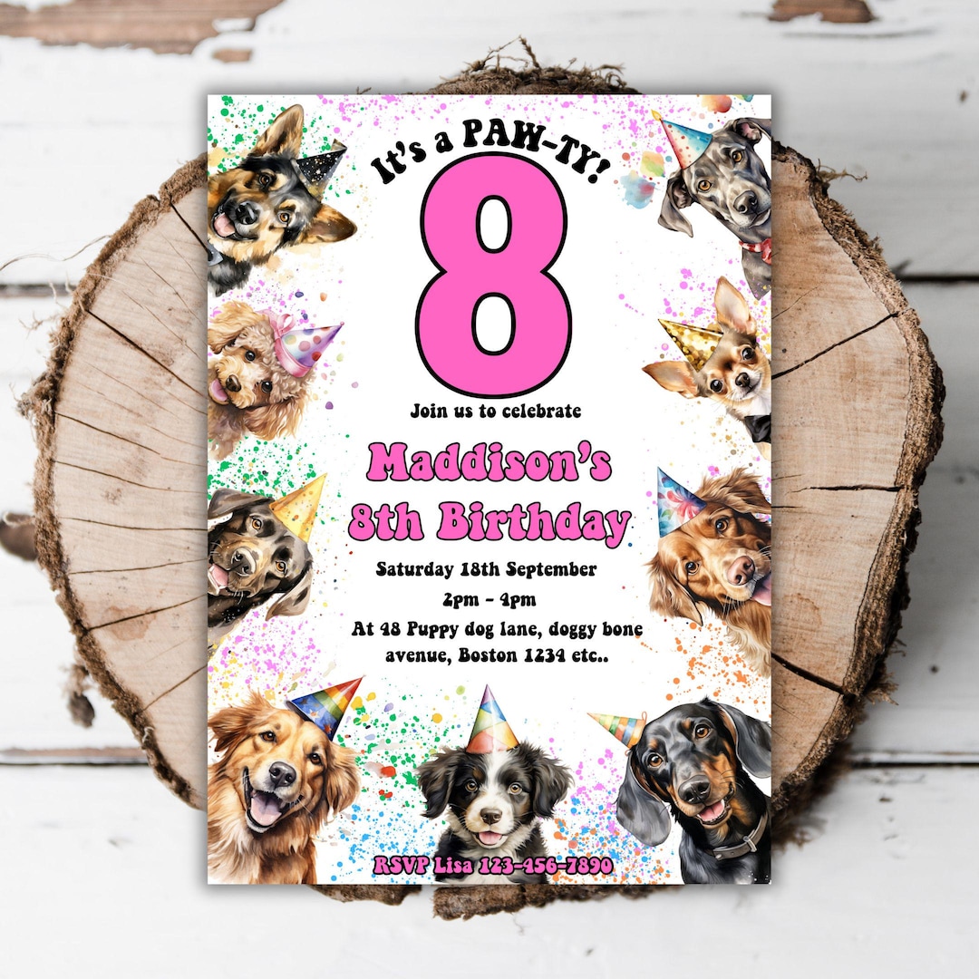 Printable Puppy Party 8th Birthday Invitation Pawty Editable Girls 8th ...