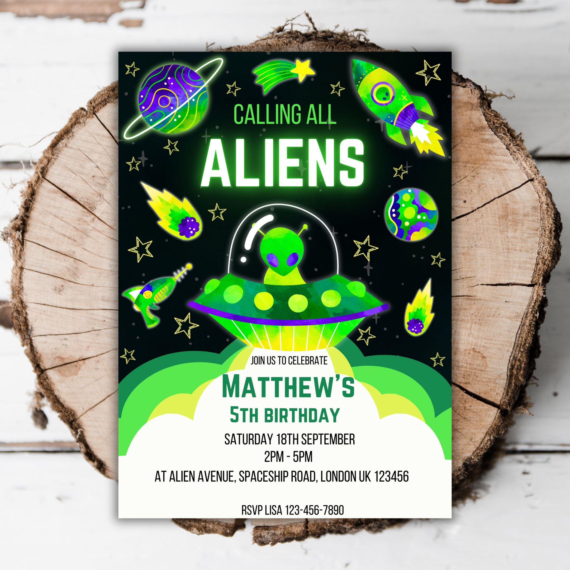 Printable Alien Birthday Invitation Boys Neon Alien Spaceship Editable ...