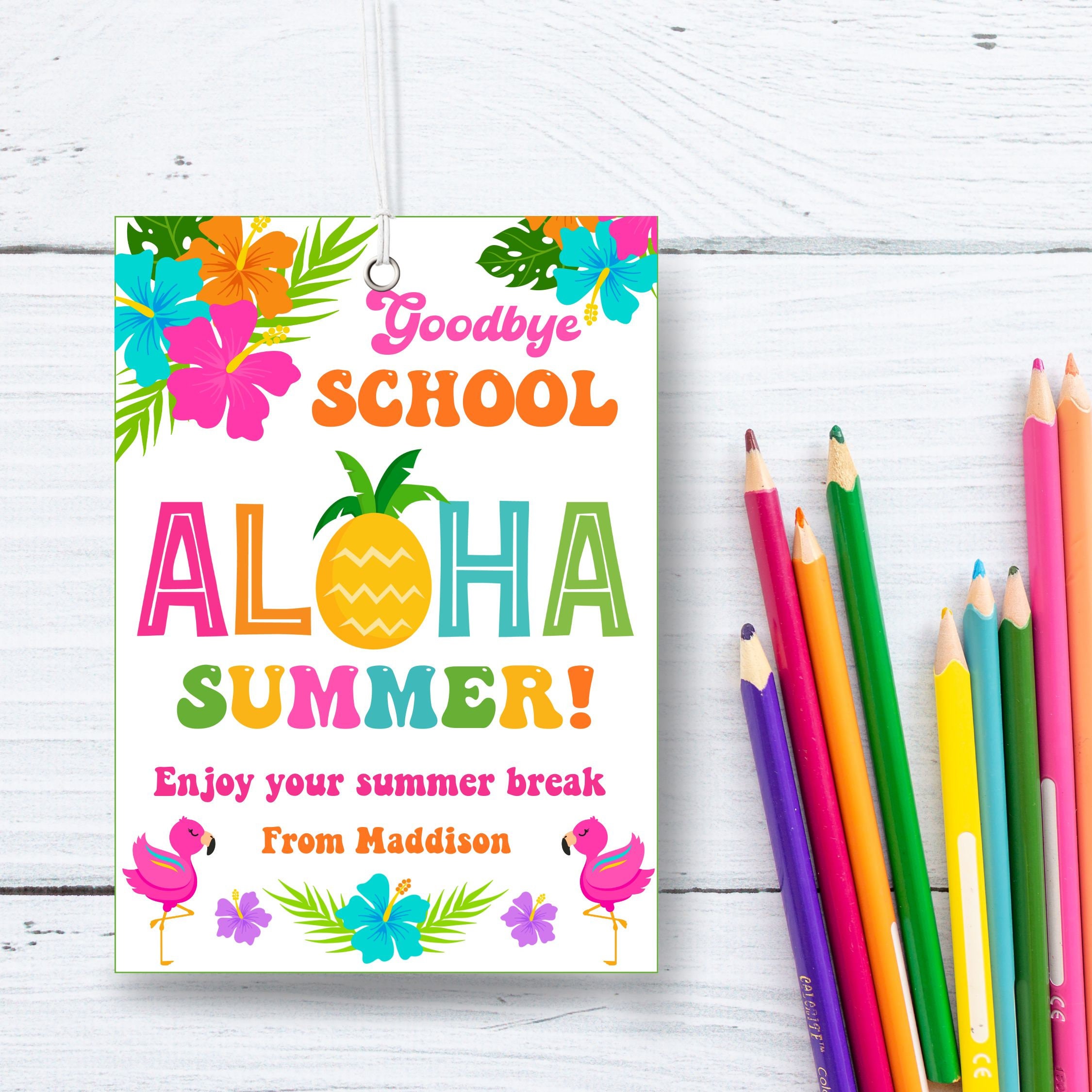 Printable Aloha Summer End of School Year Tag Editable Hawaiian Glitter ...