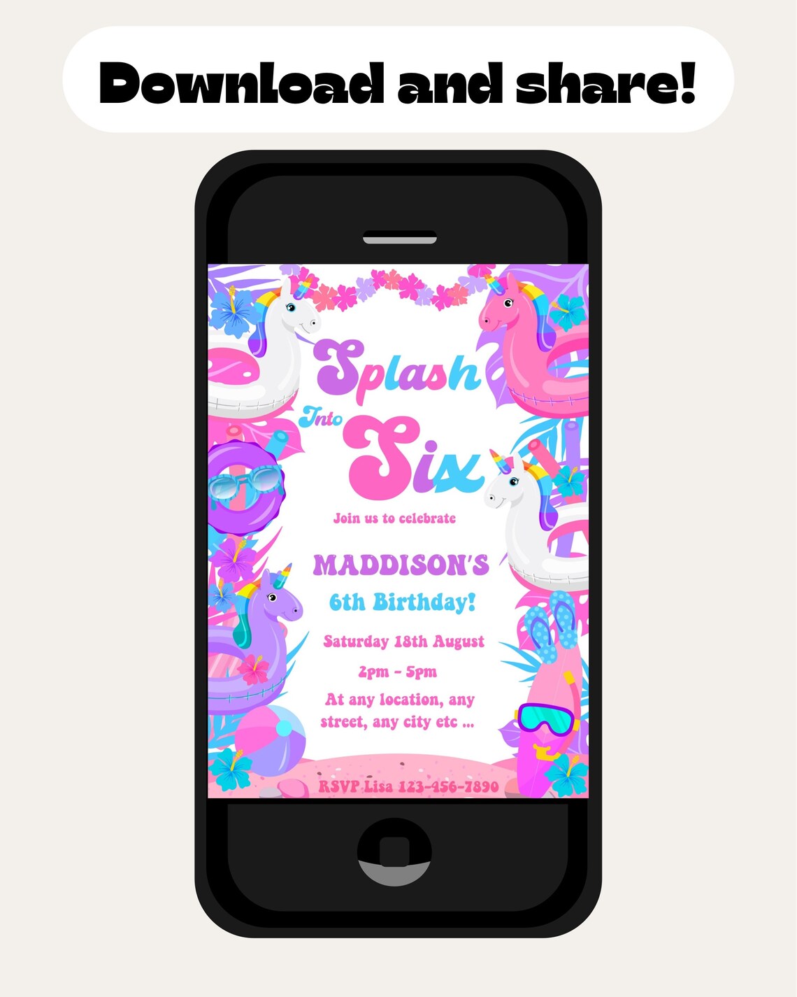 Printable Unicorn Splash Into Six Pool Party Bash Girls 6th Birthday ...