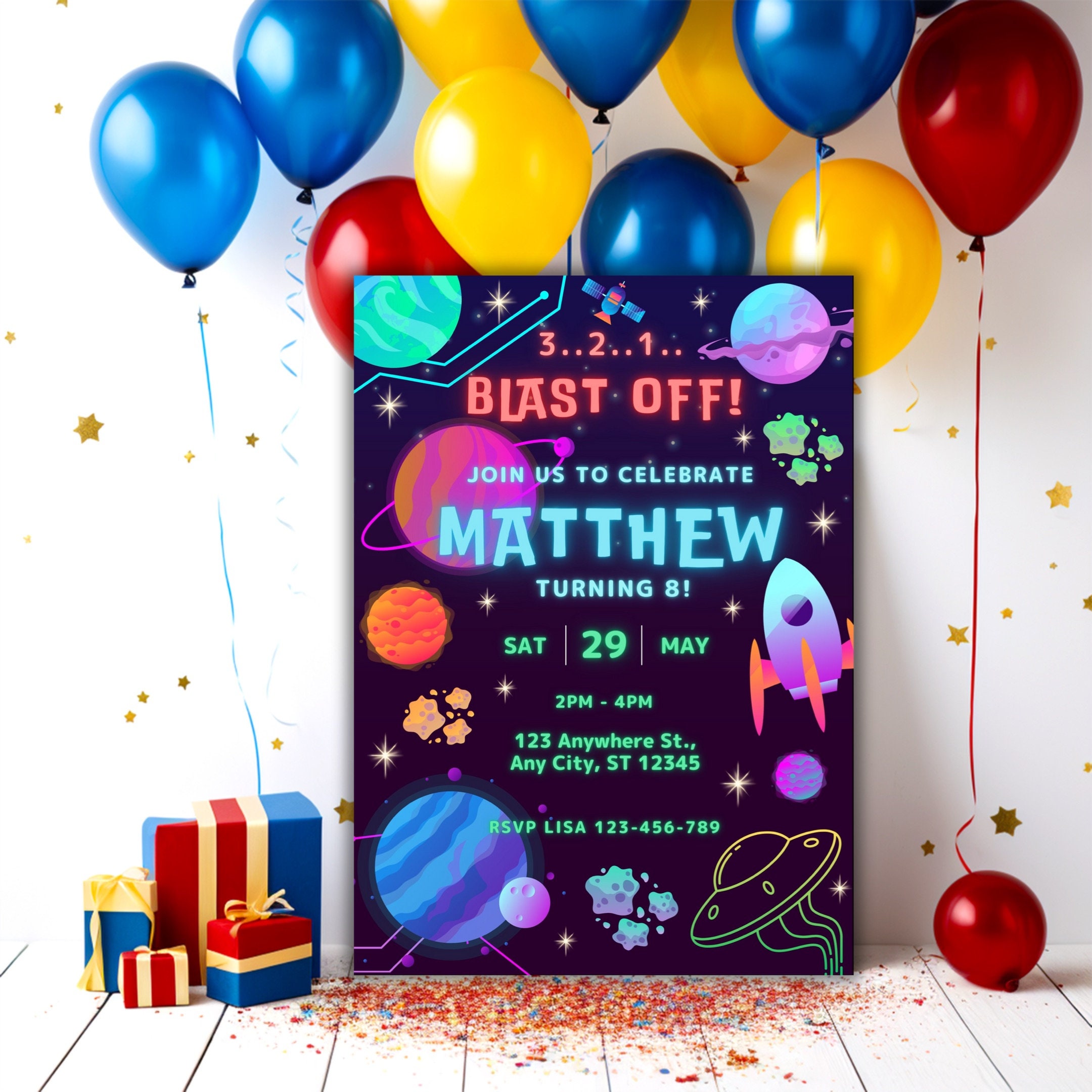Printable Neon Glow Space Party Invitation Glow Birthday Party ...