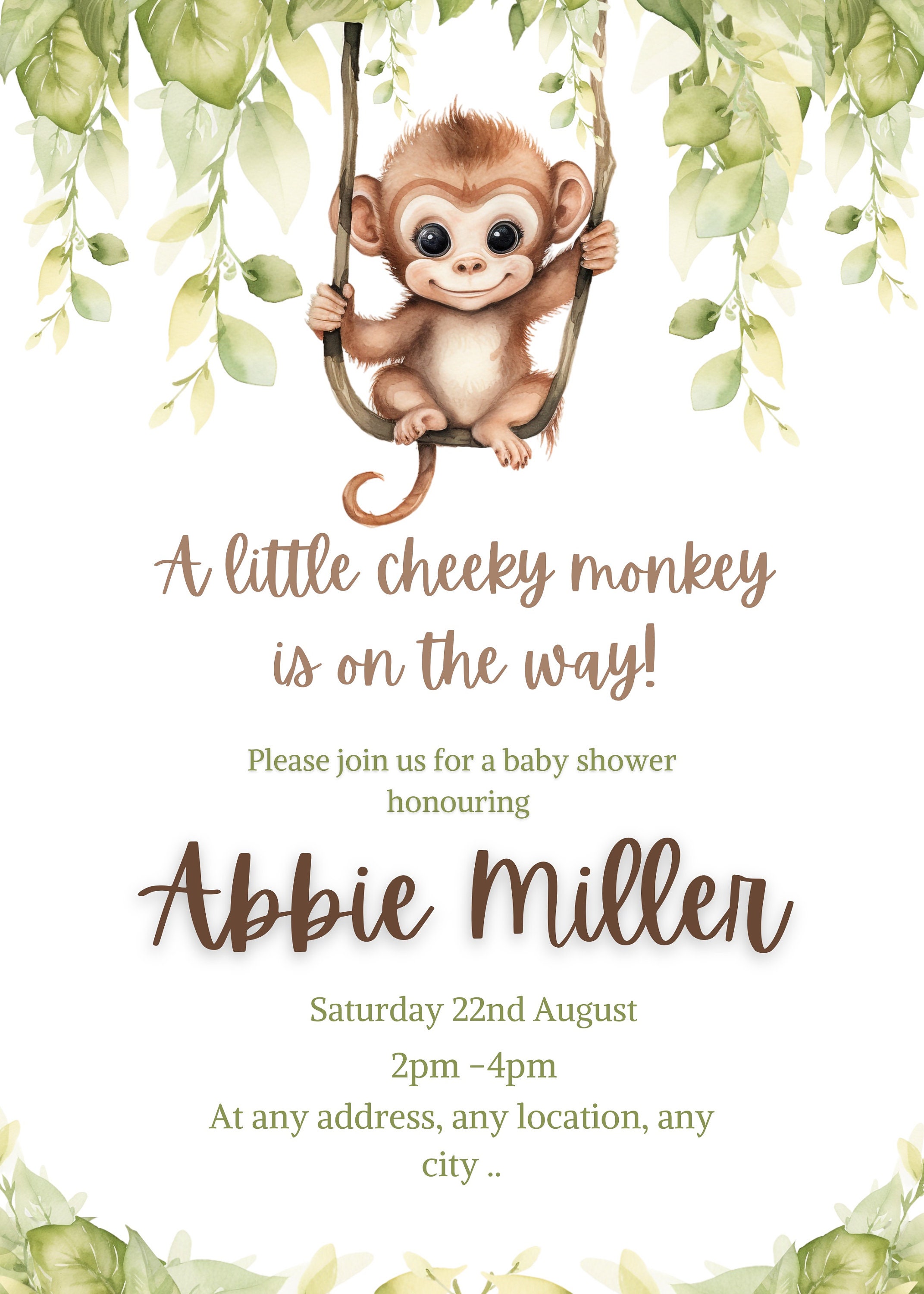 Printable Jungle Cheeky Monkey Baby Shower Invitation Template Editable ...