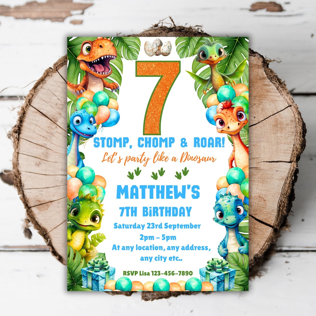 Printable Dinosaur Boys 7th Birthday Invitation Dino Editable Jurassic ...