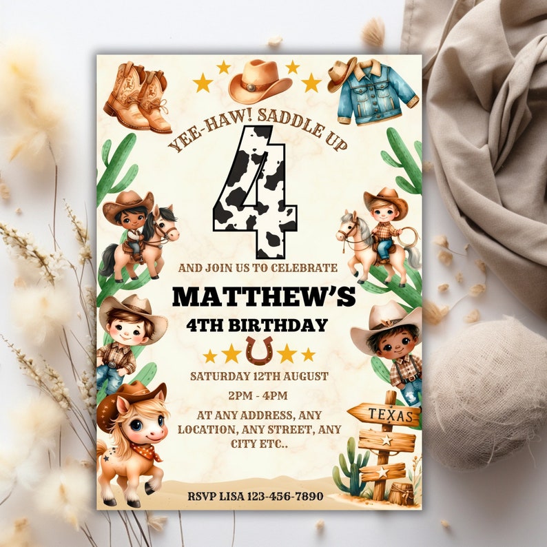 Printable Cowboy 4th Birthday Invitation Boys Wild West Rodeo Editable ...