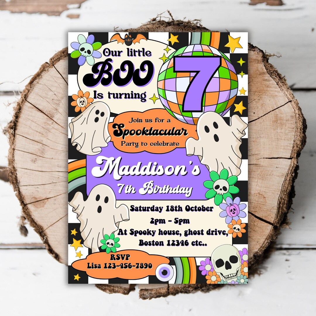 Printable Halloween 7th Birthday Invitation Orange Green Purple Retro ...