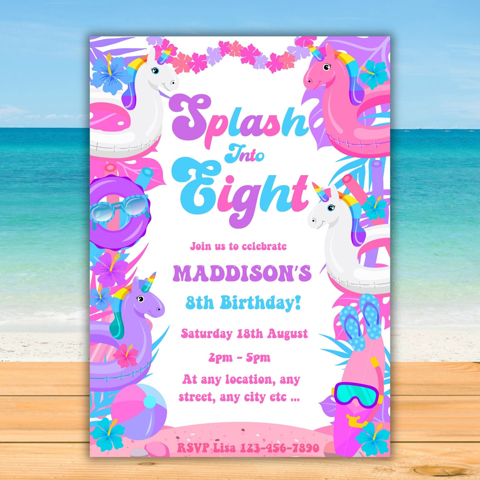 Printable Unicorn Splash Into Eight Pool Party Bash Girls 8th Birthday ...