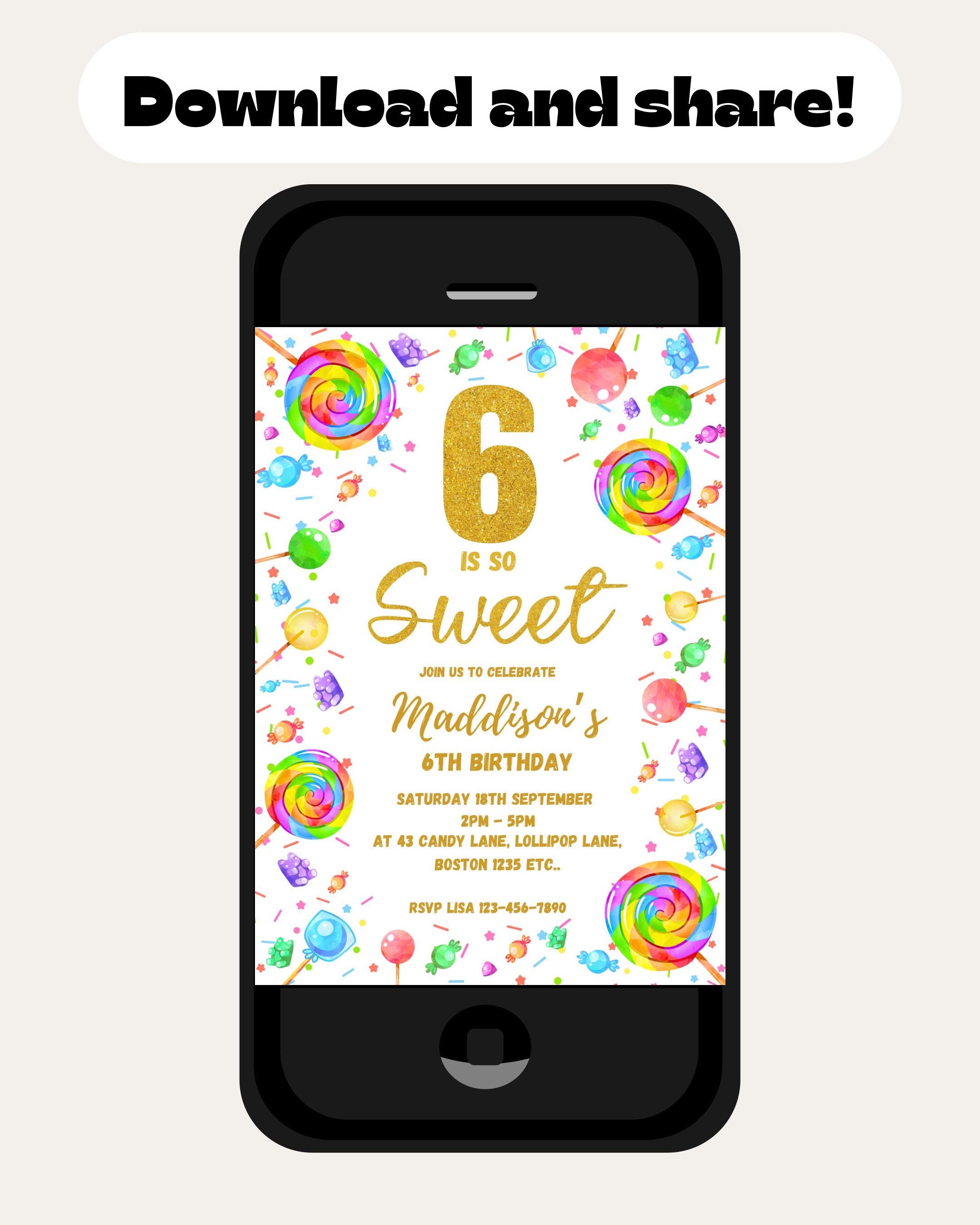 Printable Candy 6th Birthday Invitation 6 is so Sweet Editable Candy ...