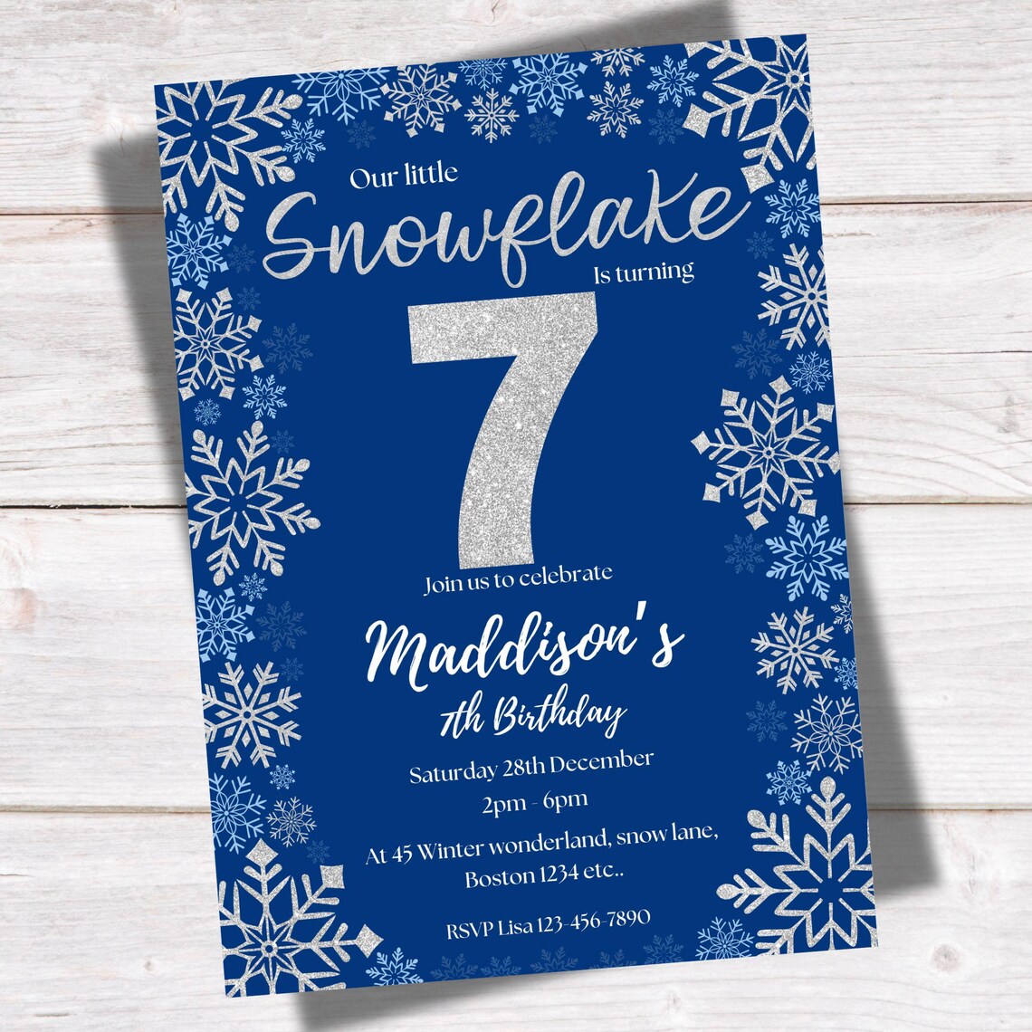 Printable Snowflake 7th Birthday Invitation Winter Wonderland Glitter ...