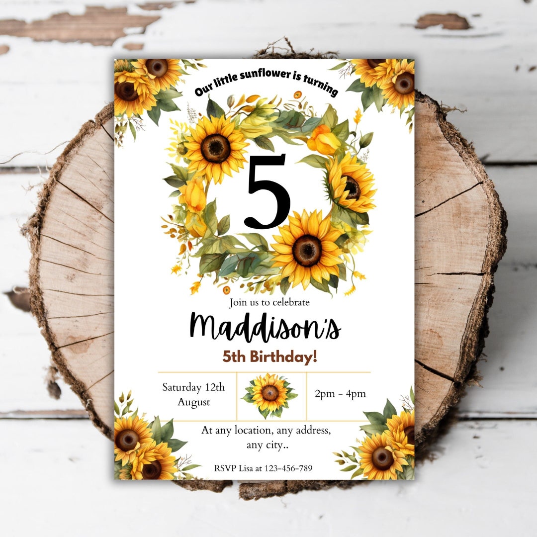 Printable Sunflower 5th Birthday Invitation Editable Rustic Flower ...