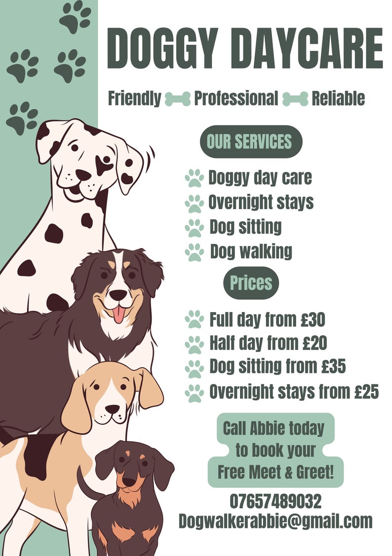 Printable Doggy Daycare Business Flyer Dog Sitting Flyer Dog Daycare Pet Leaflet Editable ...