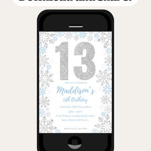 Printable Snowflake 13th Birthday Invitation Winter Wonderland Glitter ...