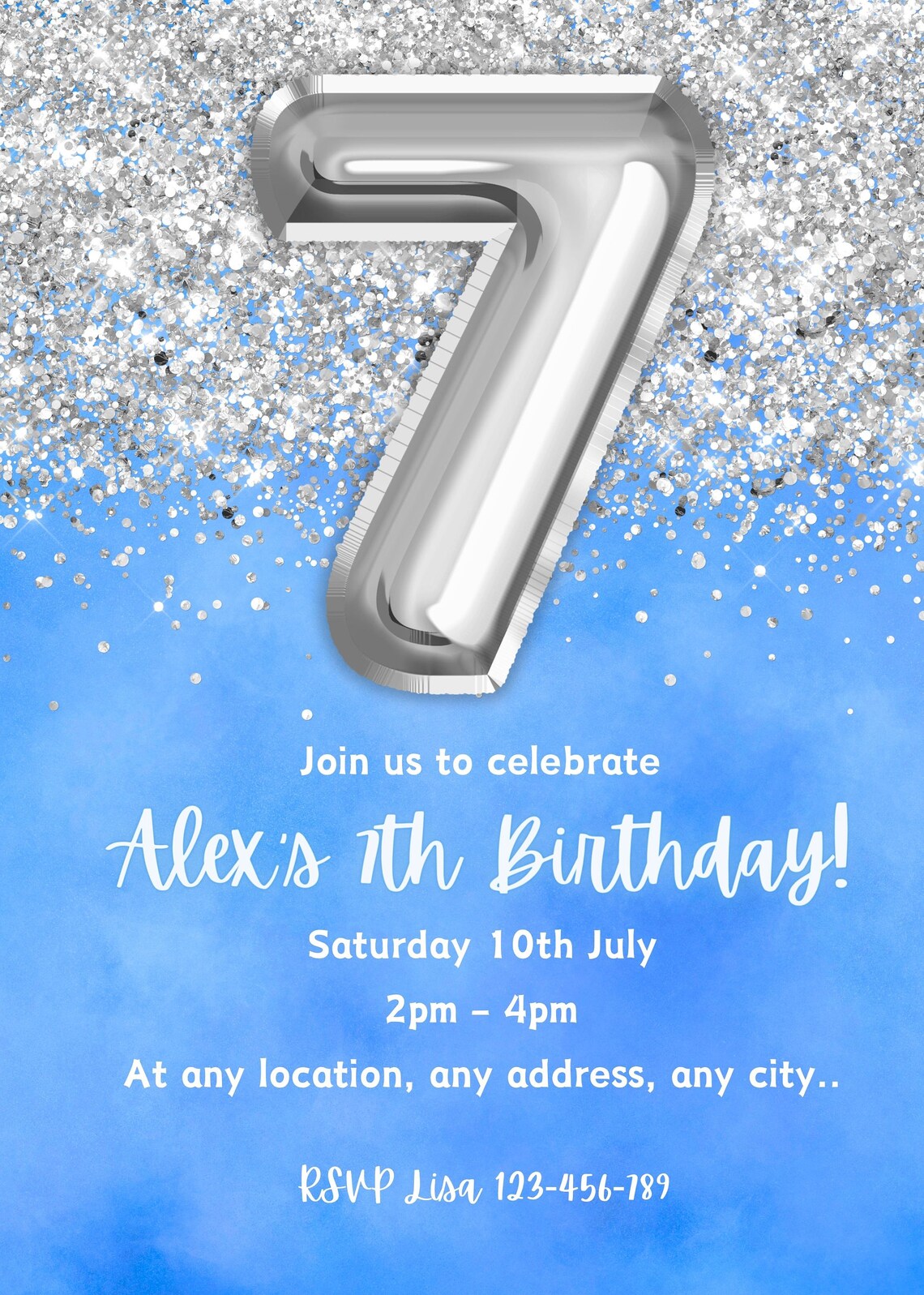 Printable Blue Silver 7th Birthday Invitation Glitter Template Foil ...