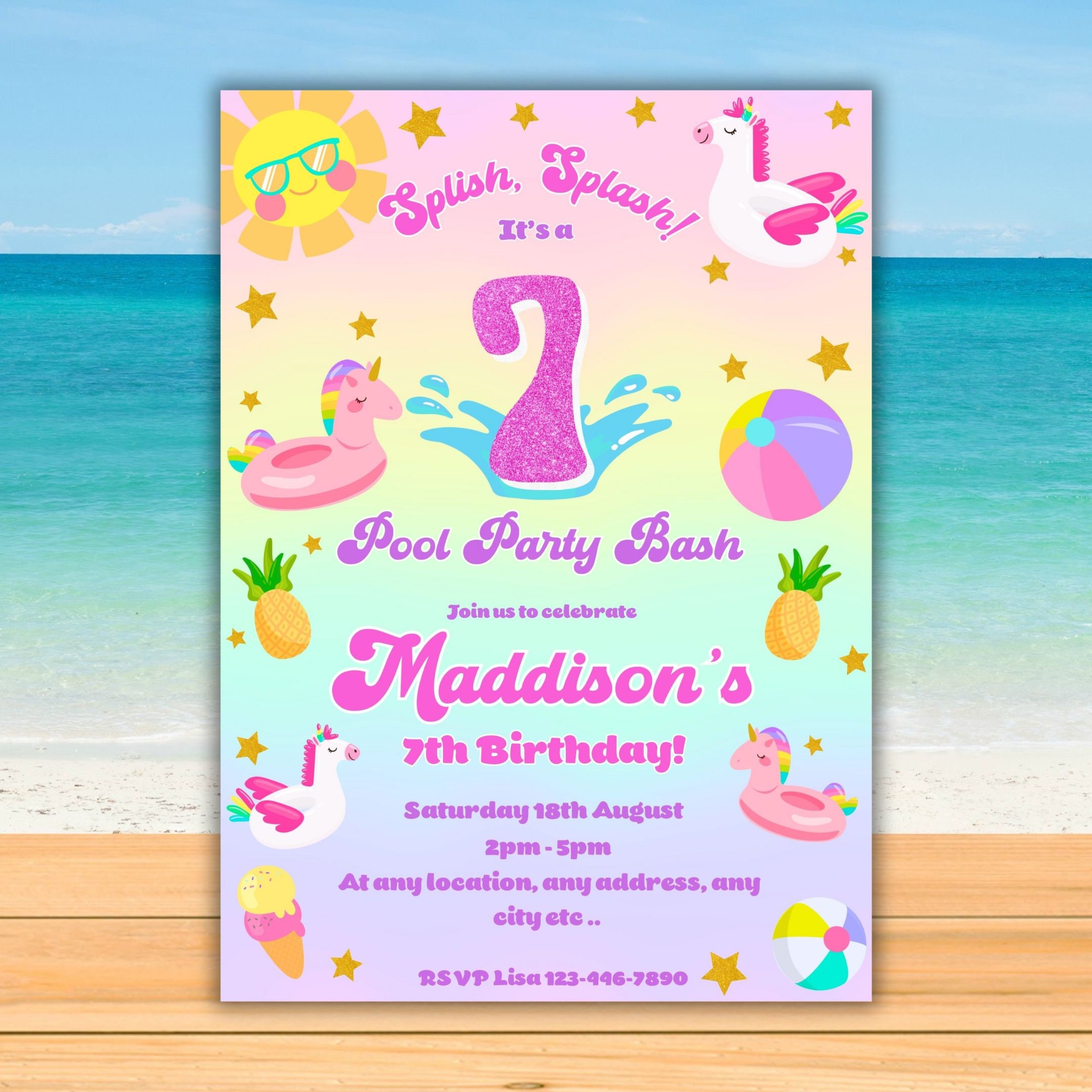 Printable Unicorn Rainbow Pool Party Girls 7th Birthday Invitation ...