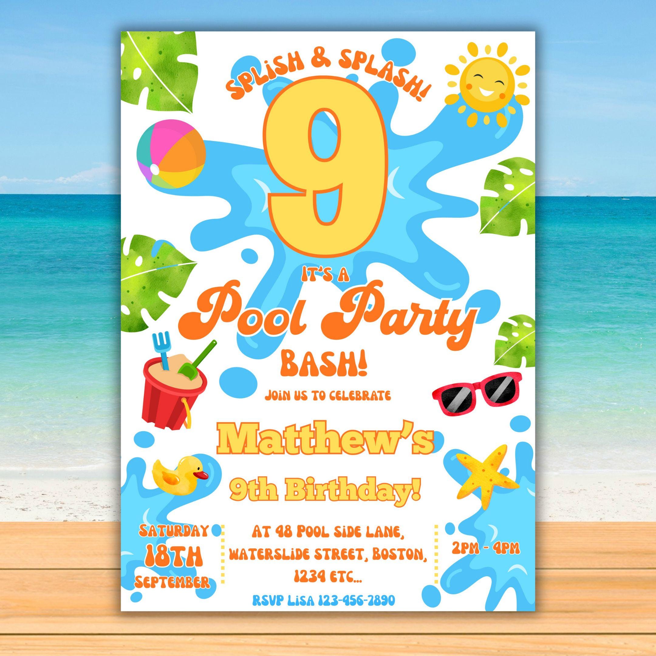 Printable Pool Party 9th Birthday Invitation Waterpark Editable Boys ...