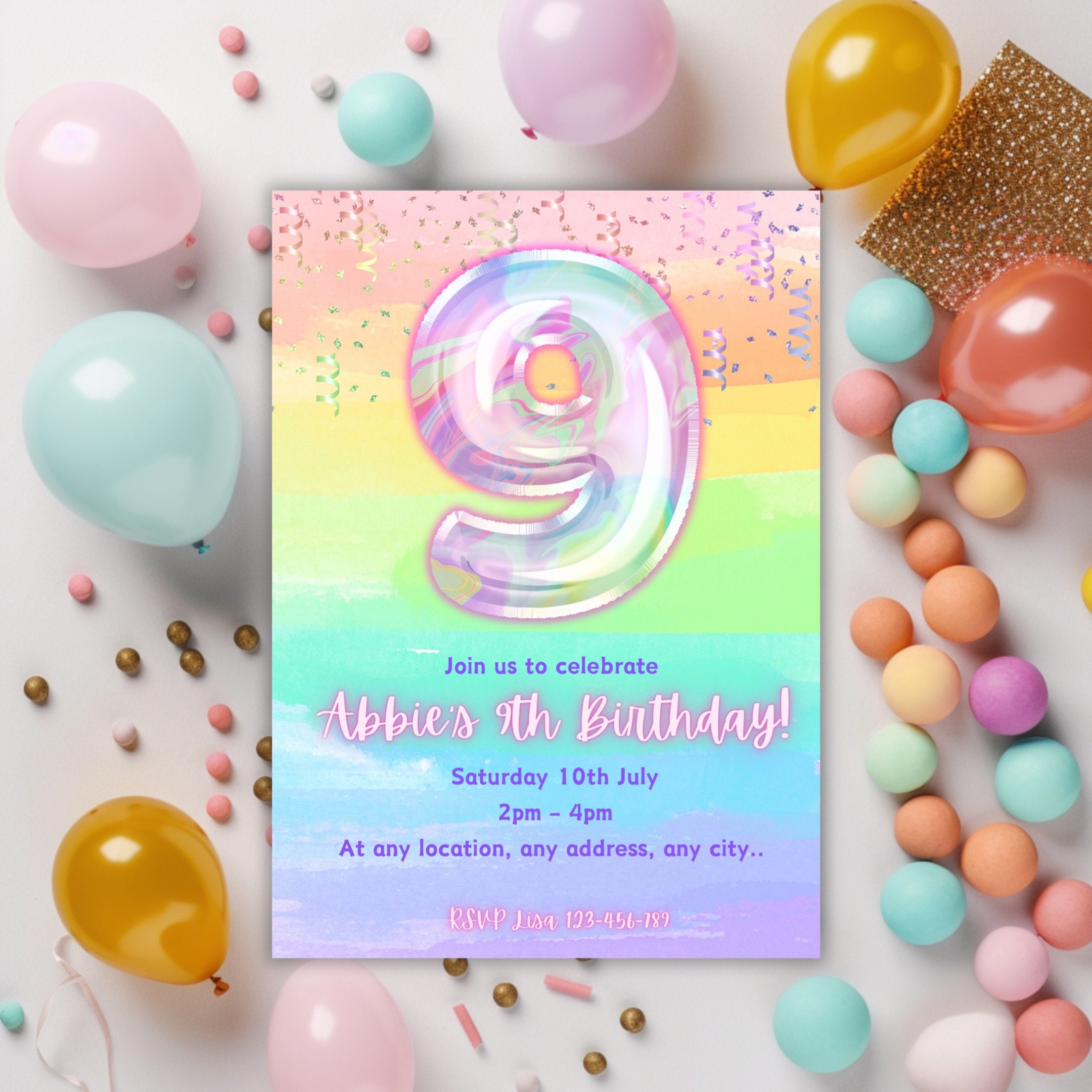 Printable Rainbow Girls 9th Birthday Invitation Glitter Template Foil ...