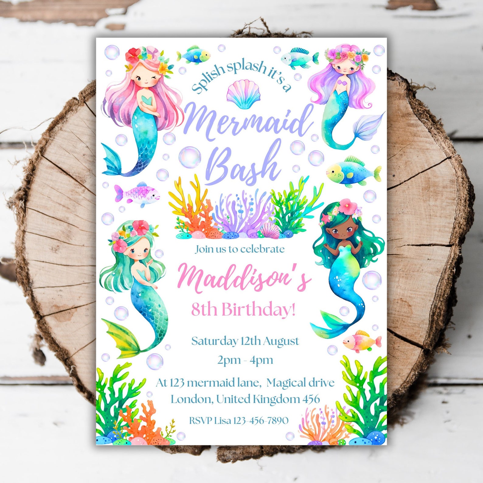 Printable Mermaid Birthday Invitation Girls Tropical Under the Sea ...