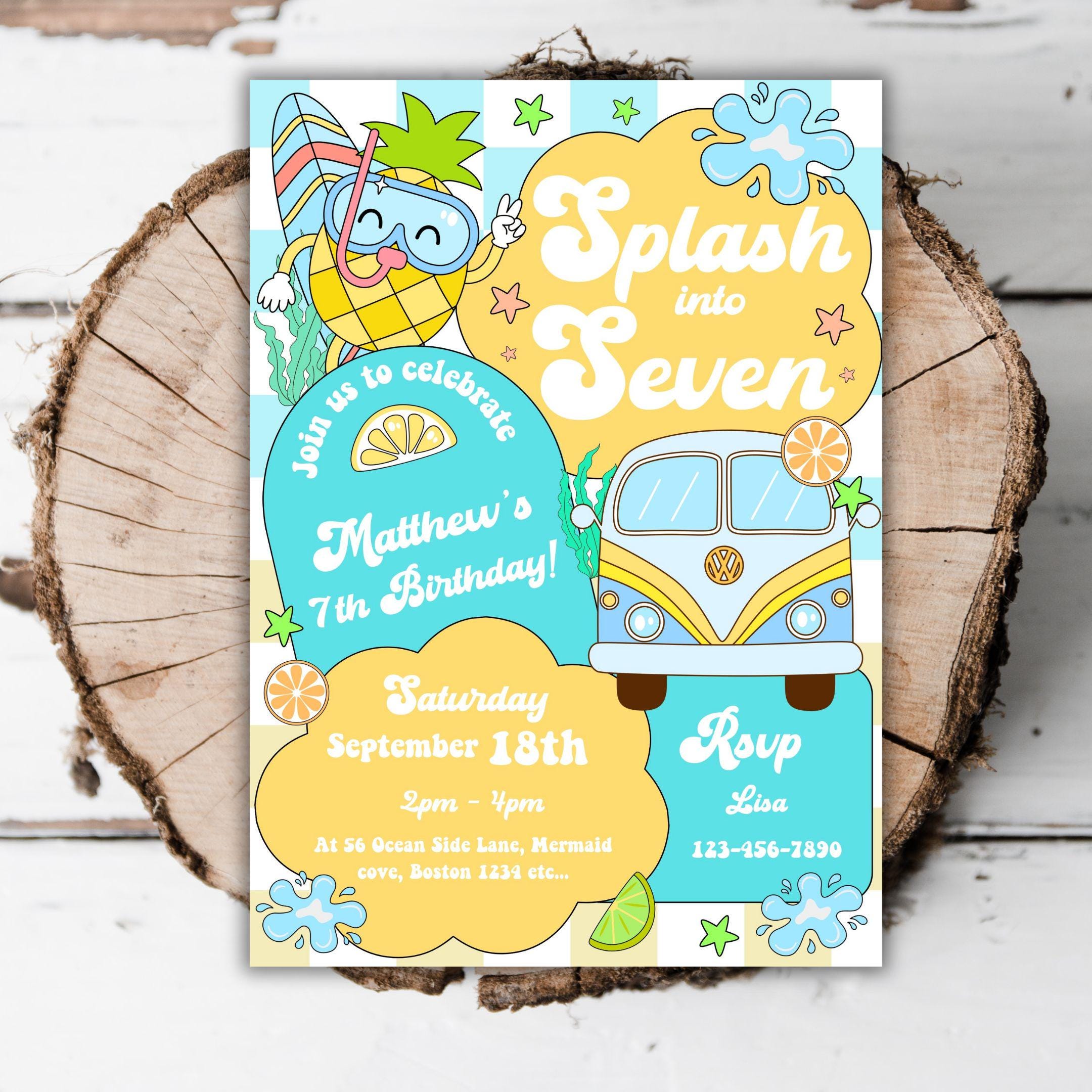 Printable Pool Party 7th Birthday Invitation Waterpark Splash Editable ...