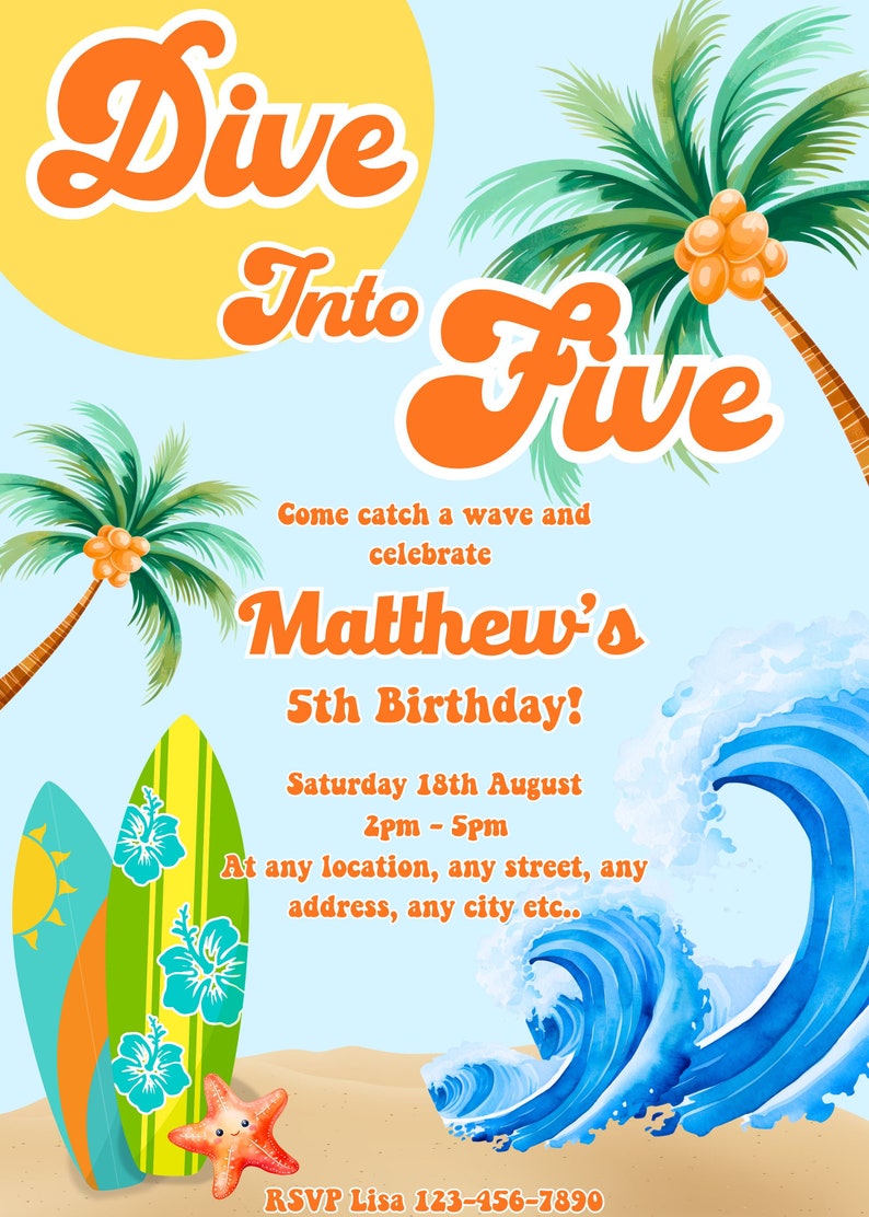 Printable Retro Dive Into Five Boys Invitation Surfing Editable Boys ...