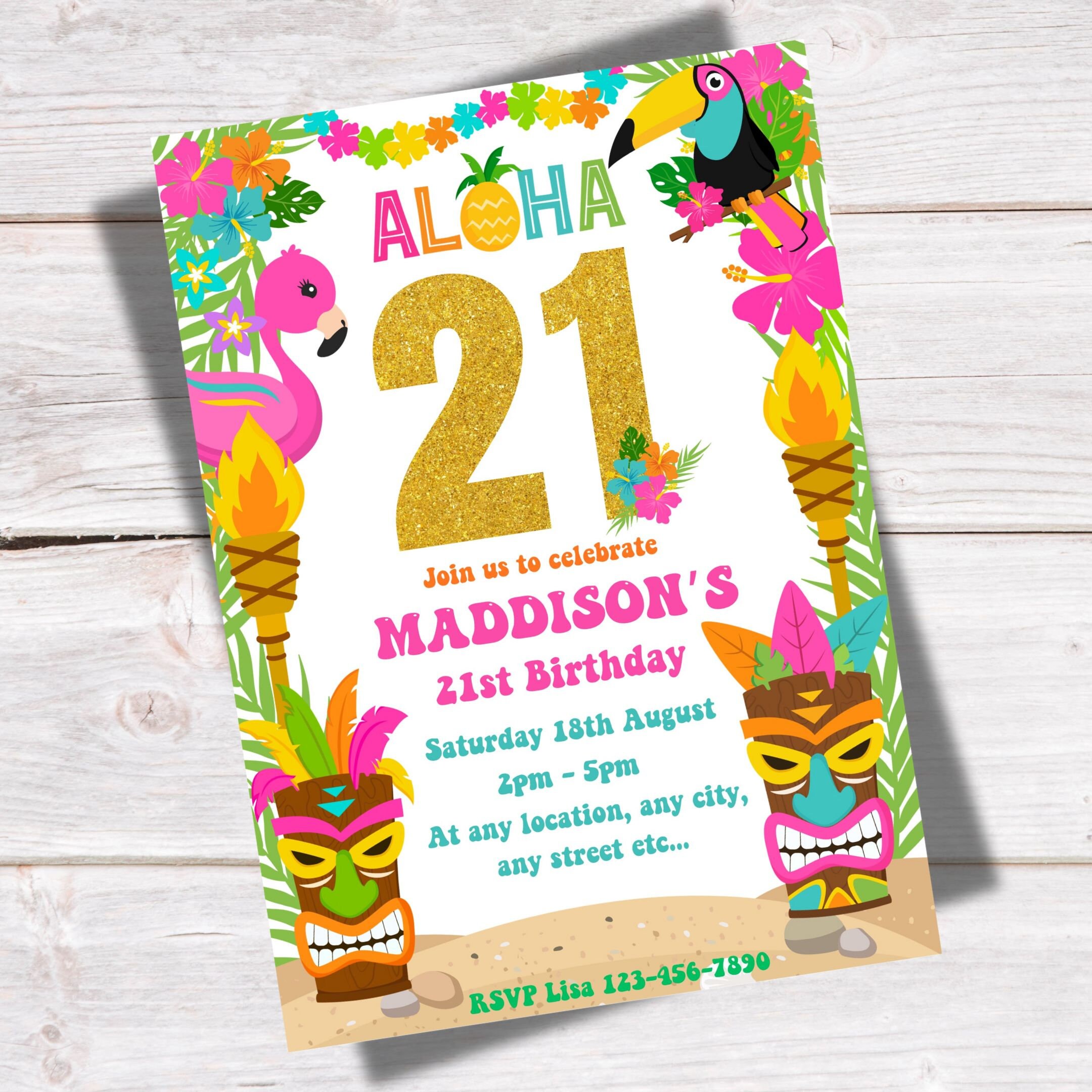 Printable Hawaiian Luau Adult 21st Birthday Invitation Tropical Pool ...